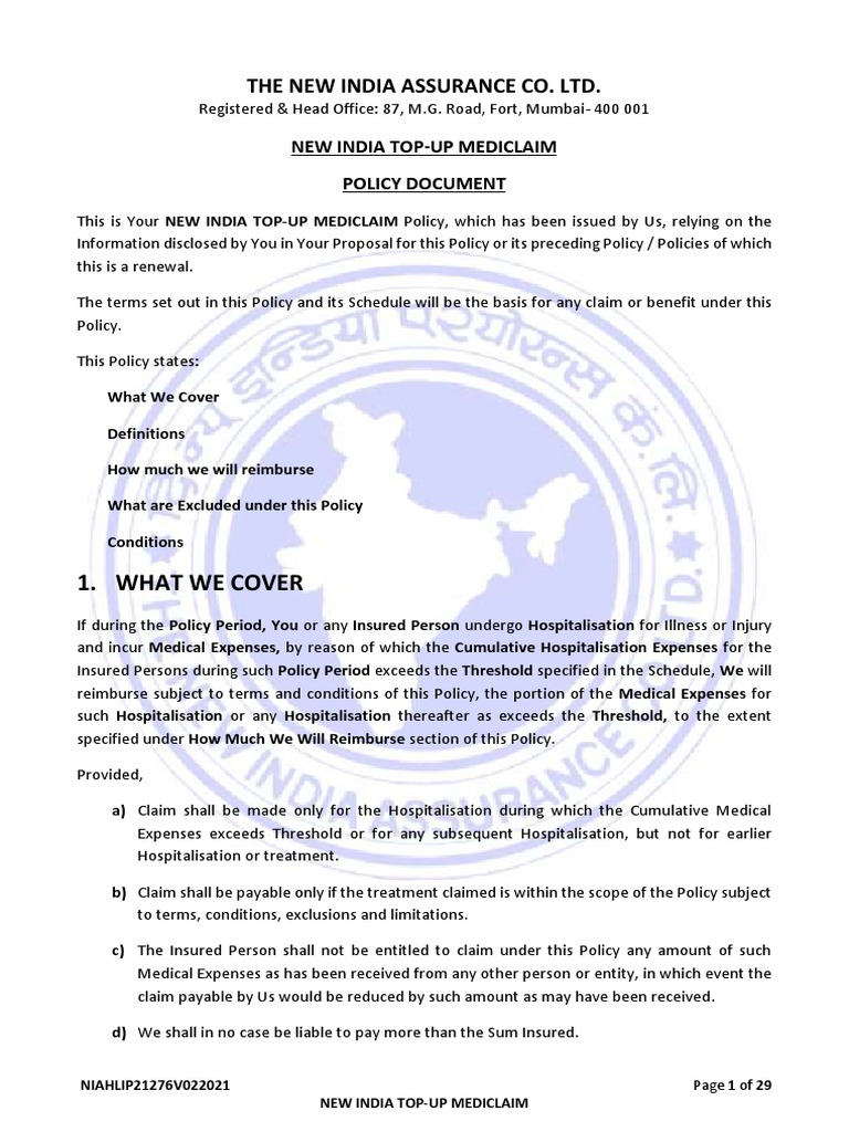 New India Top-Up Mediclaim Policy Guide | PDF | Hospital | Medicine