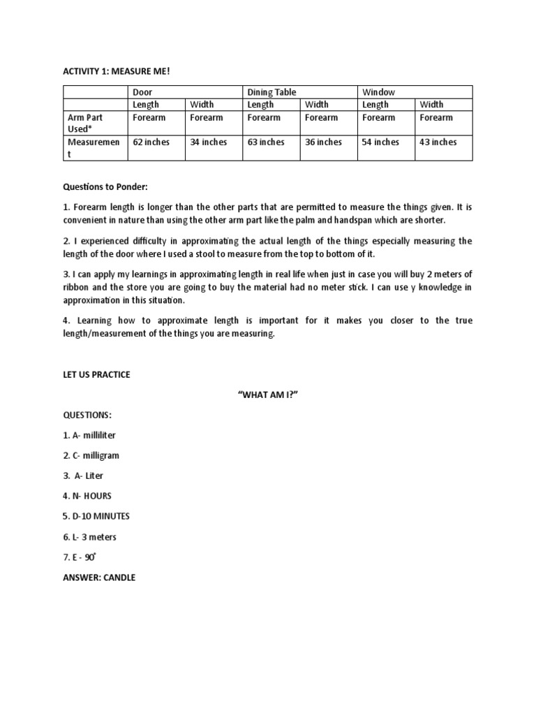 Activity 1: Measure Me! | PDF | Mathematics | Abstract Algebra