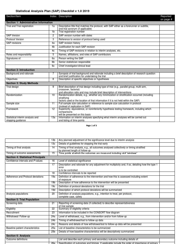 Statistical Analysis Plan (SAP) Checklist V 1.0 2019: Section/Item ...