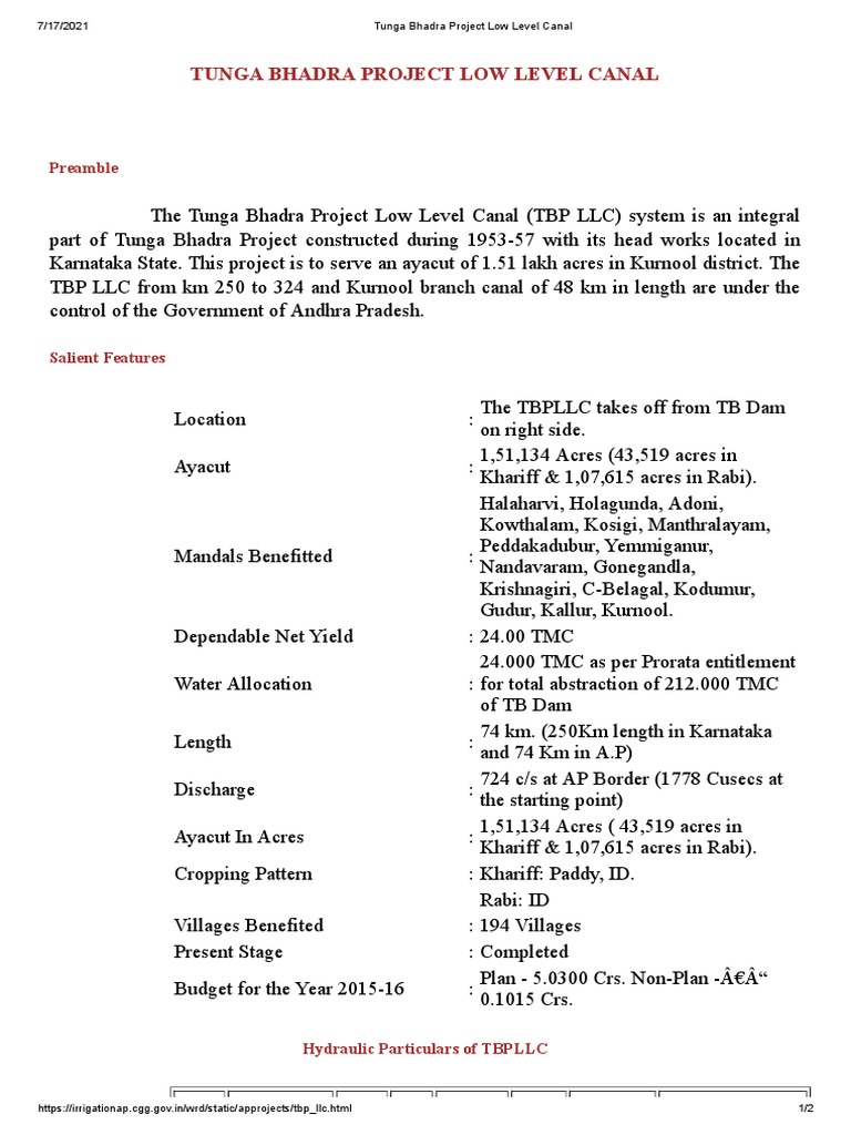 Tunga Bhadra Project Low Level Canal | PDF | Hydrology | Water And Politics