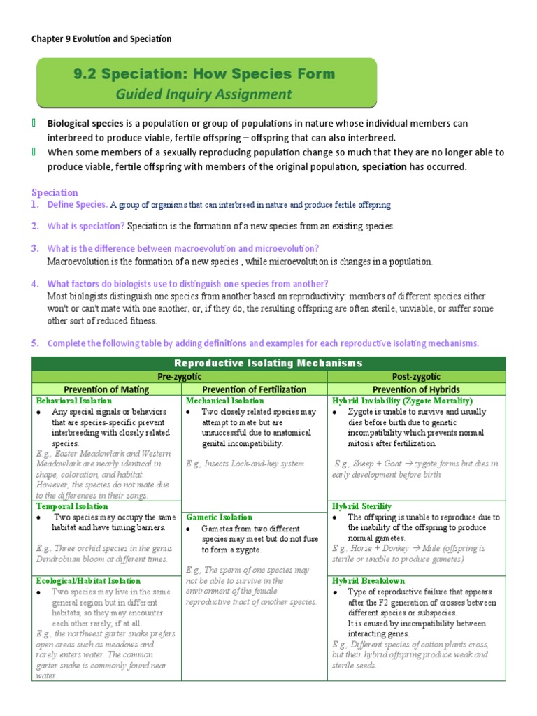 9.2 Speciation - How Species Form (HW Worksheet) | Download Free PDF ...