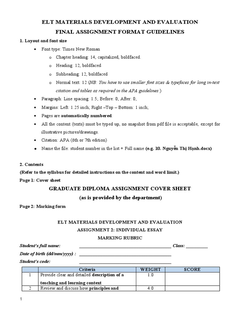 Elt Materials Development and Evaluation Final Assignment Format Guidelines | PDF | Typefaces ...