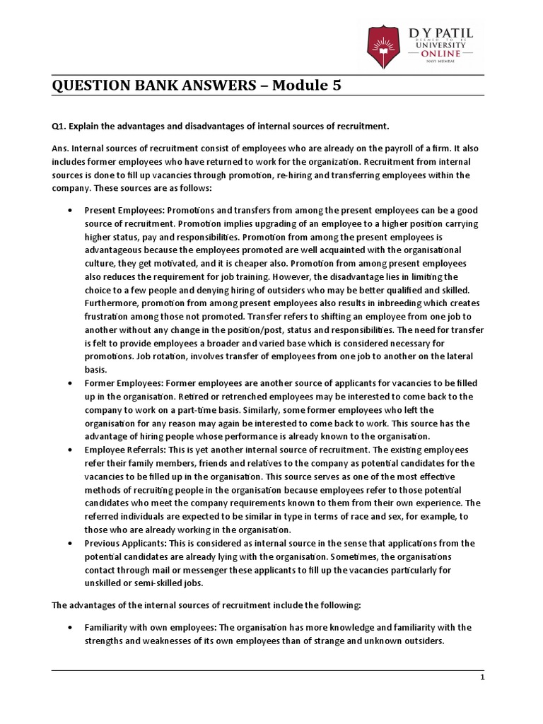Question Bank Answers - Module 5: Q1. Explain The Advantages and Disadvantages of Internal ...