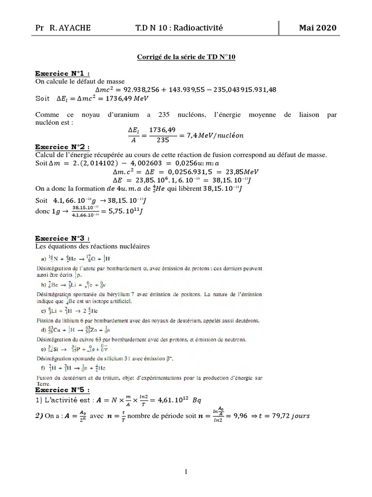 Corrige td10 2020 | PDF | Noyau atomique | Radioactivité