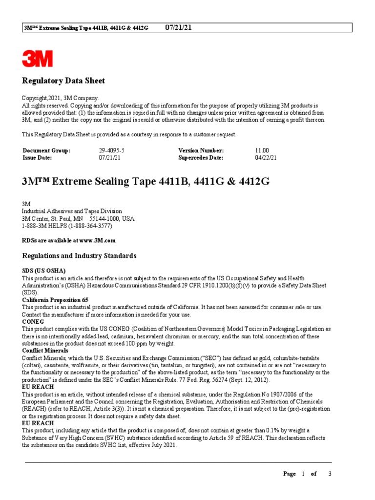 3M Extreme Sealing Tape MSDS | PDF | Chemistry | Chemical Substances