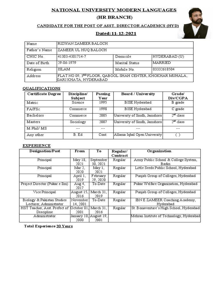 Numl Job Application Form | PDF | Academia