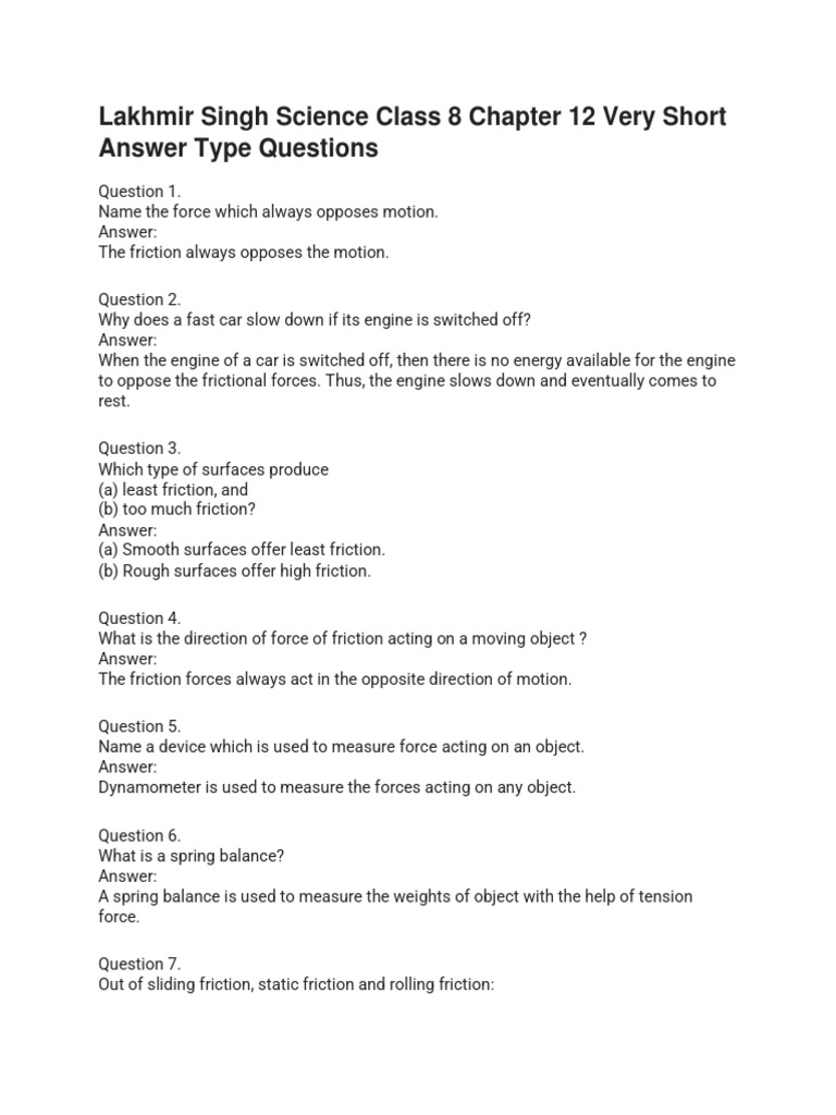 Friction Concepts for Class 8 Science | PDF | Friction | Force