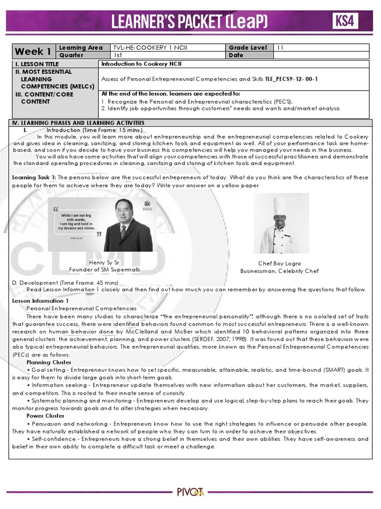 Week 1: Tvl-He-Cookery 1 Ncii 11 1st | PDF | Entrepreneurship | Goal