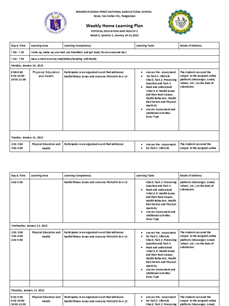 Weekly PE & Health Learning Plan | PDF | Learning | Behavior
