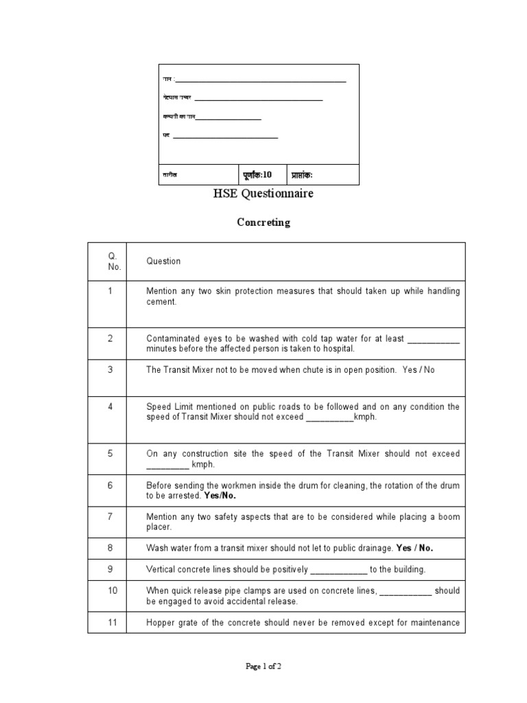 Questionnaire - Concreting-Mason & Civil Workman | PDF