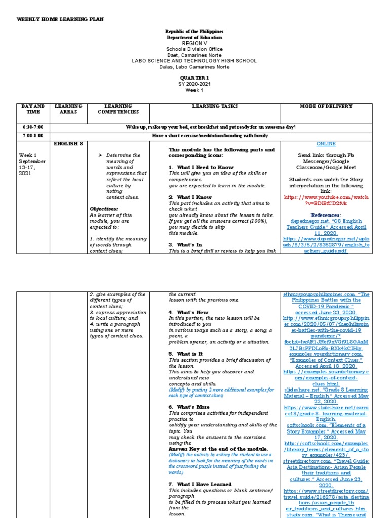 Weekly Home Learning Plan 1 | PDF | Learning | Crossword