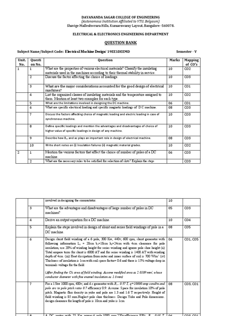 Design of Electrical Machines: Question Bank for Electrical Machine ...