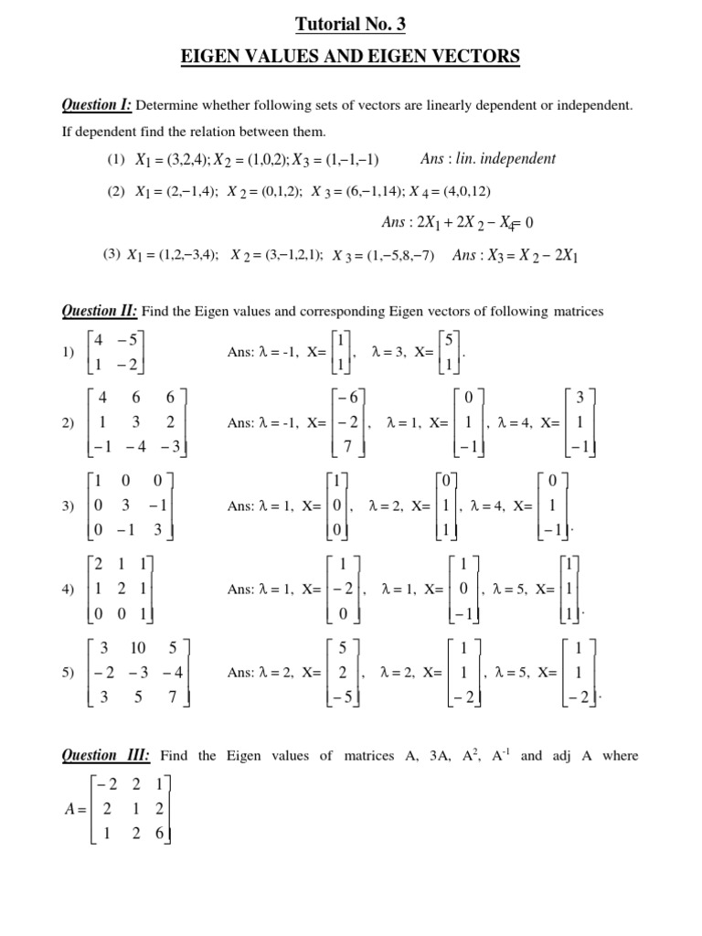 Tutorial 3 Eigen Values and Eigen Vectors | PDF | Mathematical Concepts ...