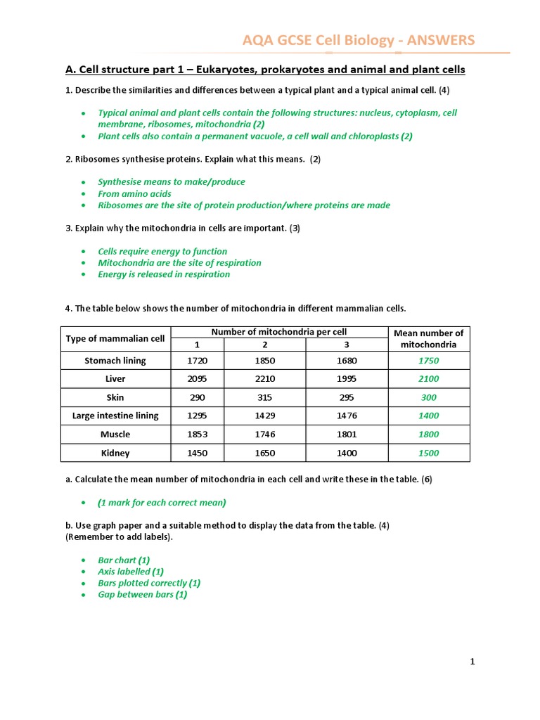 Aqa Gcse Cell Biology - Answers: A. Cell Structure Part 1 - Eukaryotes ...