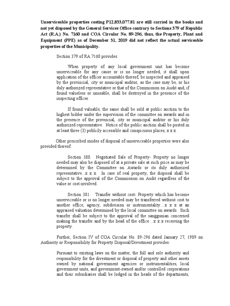 AOM NO. 01-Unserviceable PPE | PDF | Book Value | Real Estate Appraisal