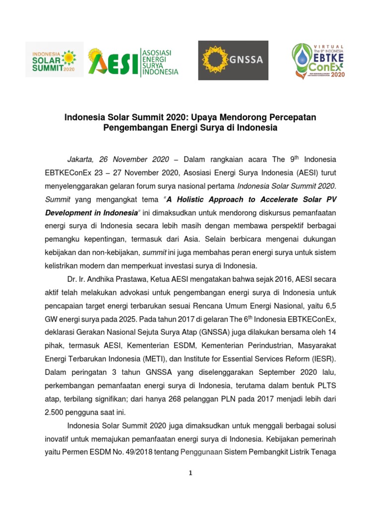 Indonesia Solar Summit 2020 - Press Release | PDF