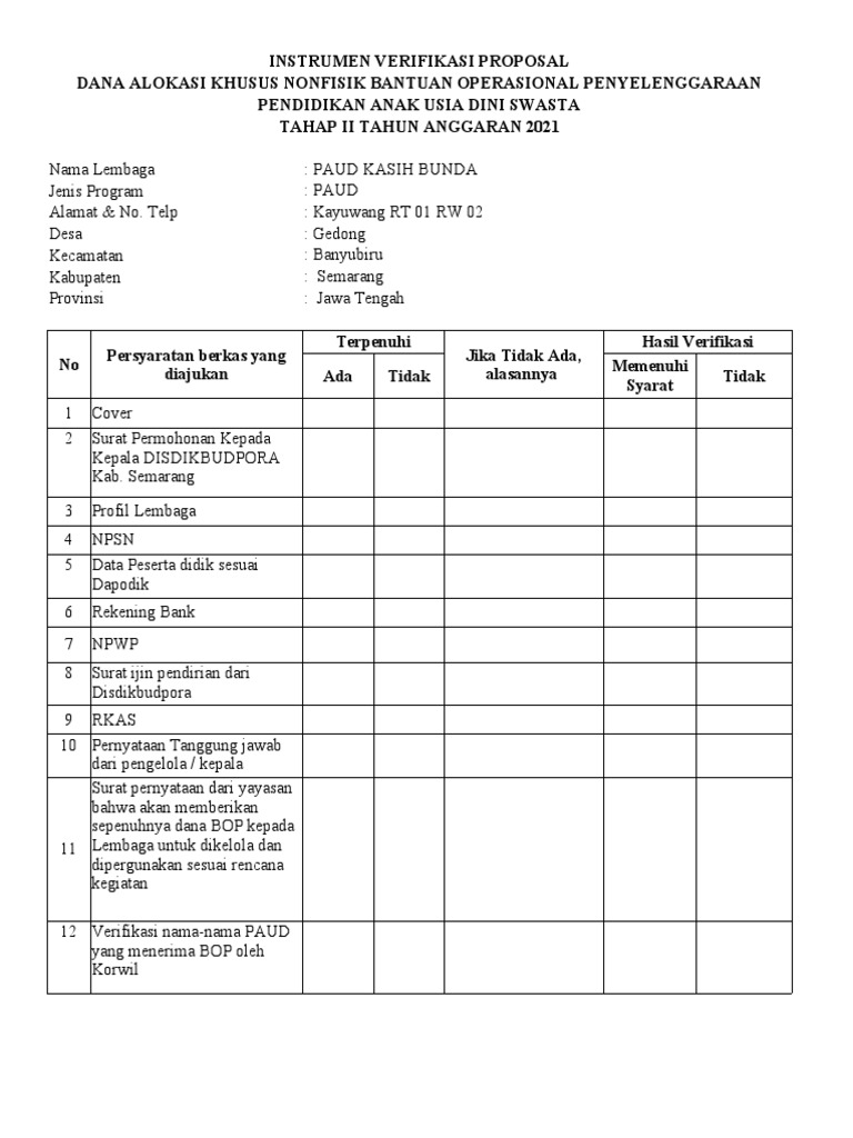Instrumen Verifikasi Dan RKAS BOP PAUD Tahap I Tahun 2021 | PDF