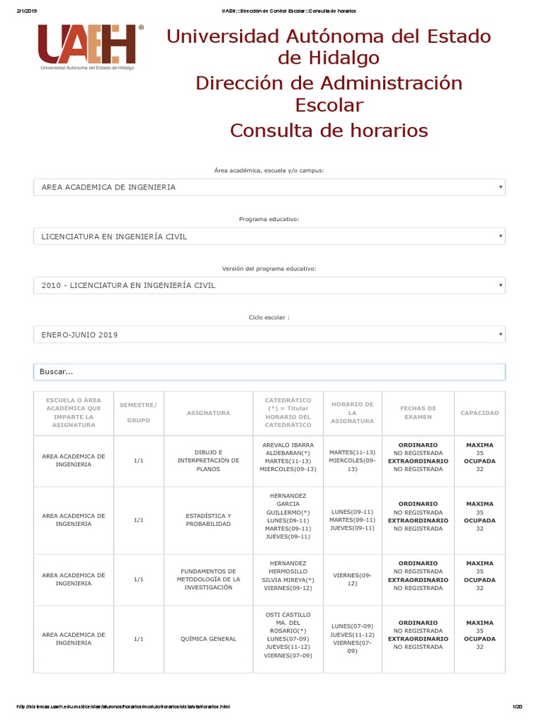 UAEH - Dirección de Control Escolar - Consulta de Horarios | PDF | Interacciones de disciplina ...