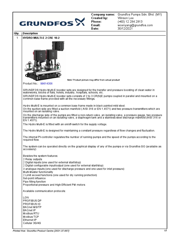 MUP 1 Multi-E 2XCRE 10-2 1.1KW 2.8@25 | PDF | Pump | Liquids