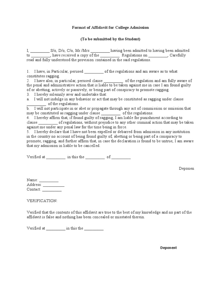 College Admission Affidavit Format | PDF