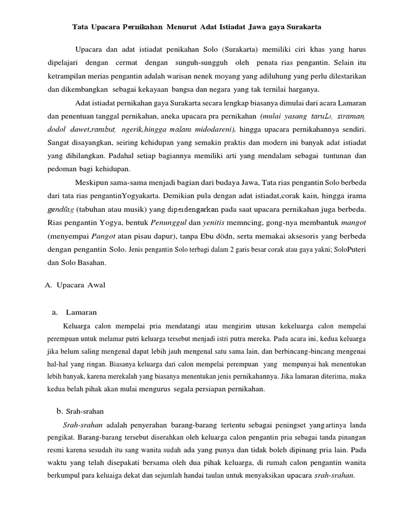 Tata Upacara Perııikahan Menurut Adat Istiadat Jawa Gaya Surakarta | PDF