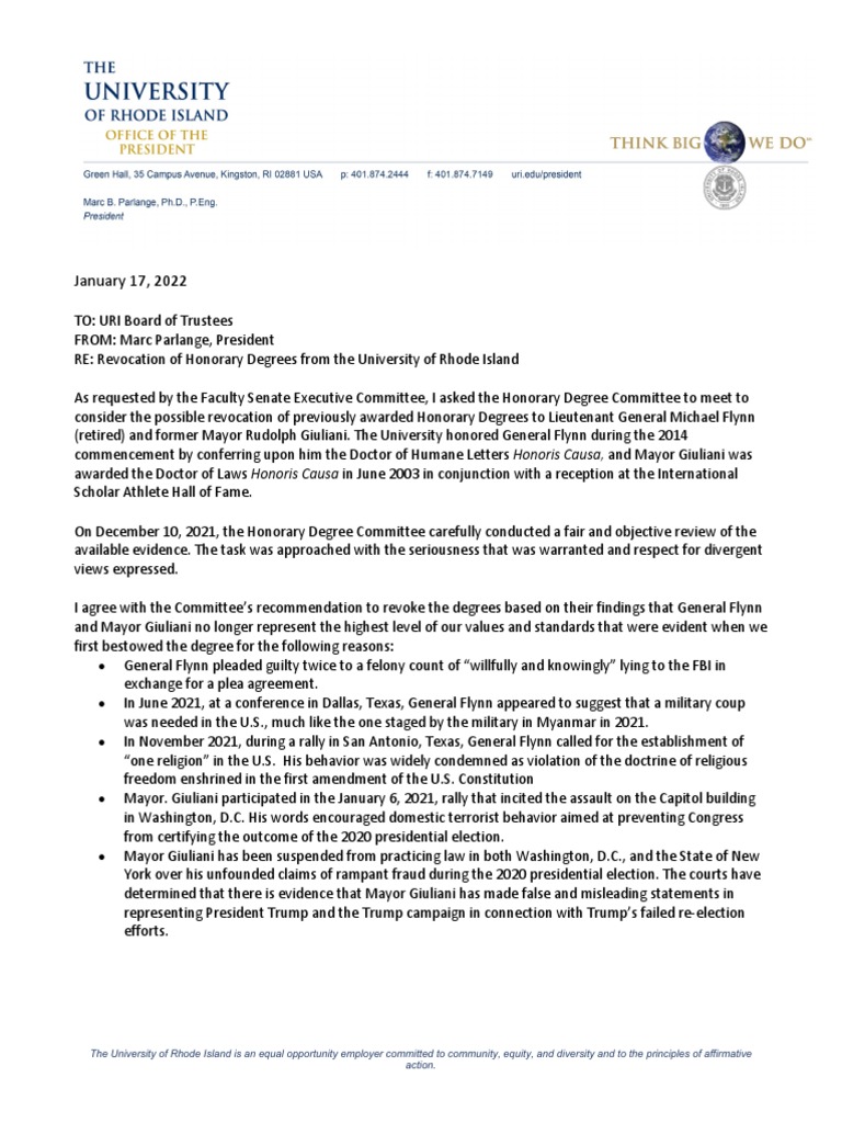 Parlange Honorary Degree Revocation Letter | PDF | Rudy Giuliani ...