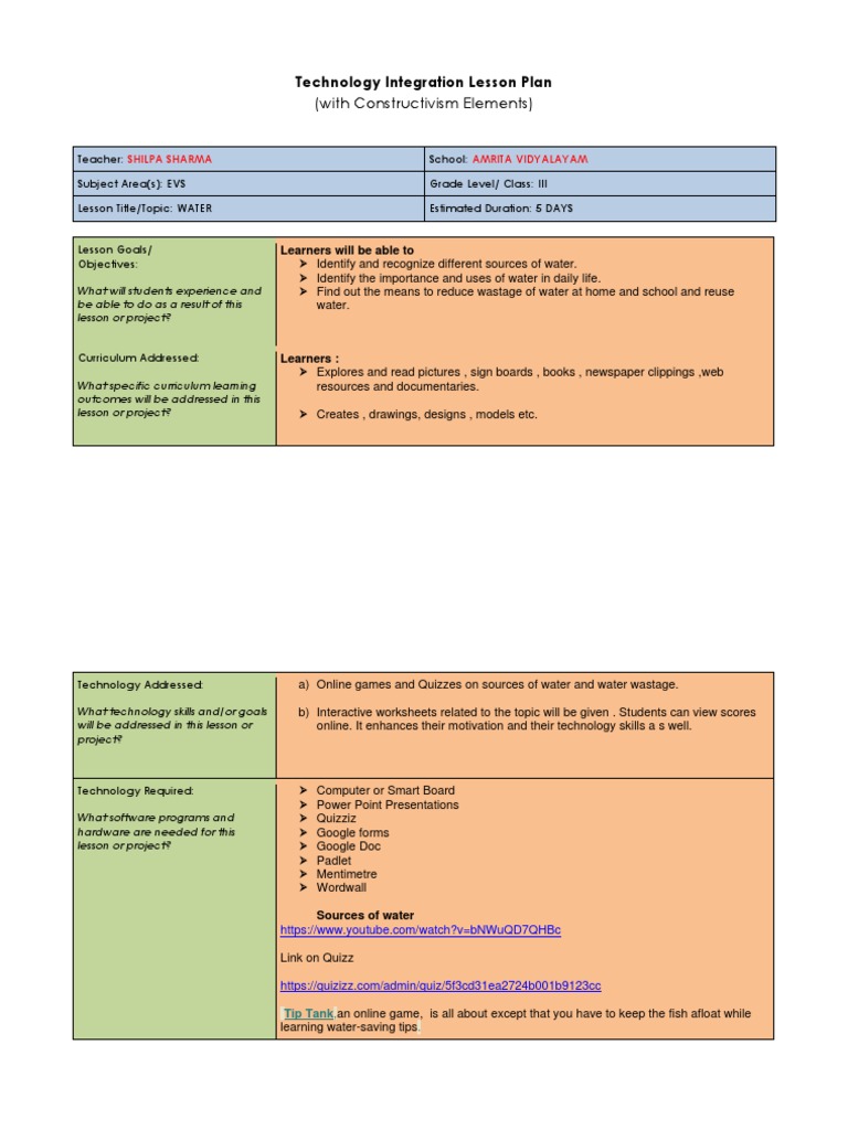 Technology Integration Lesson Plan - 5es Grade 3 | PDF | Water | Lesson ...