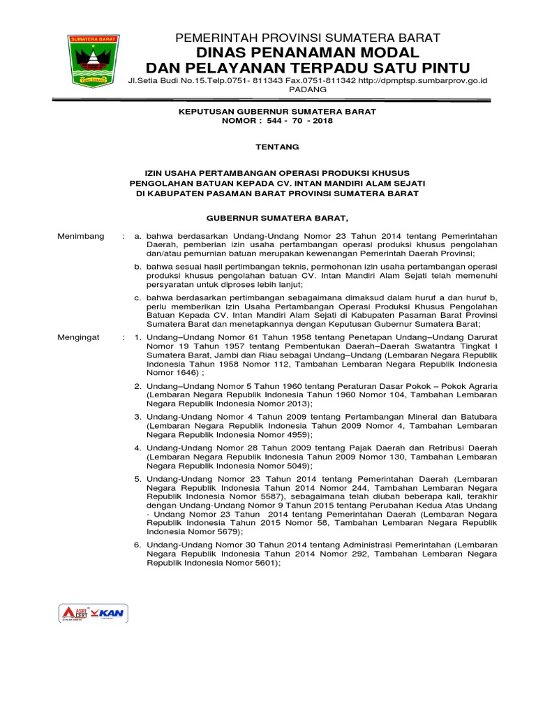 IUP OP Khusus Pegolahan Batuan CV Intan Mandiri Alam Sejati Mar 2018 | PDF