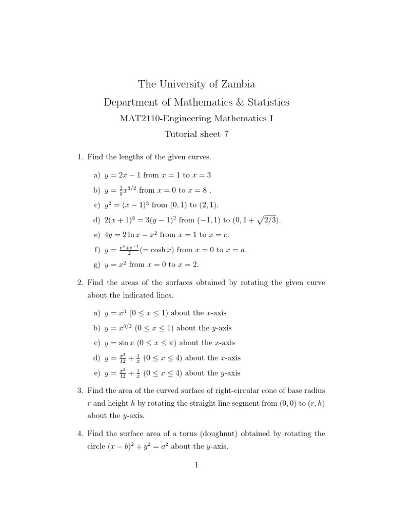 MAT2110 Engineering Mathematics I Tutorial Sheet 7 Problems | PDF | Elementary Mathematics ...
