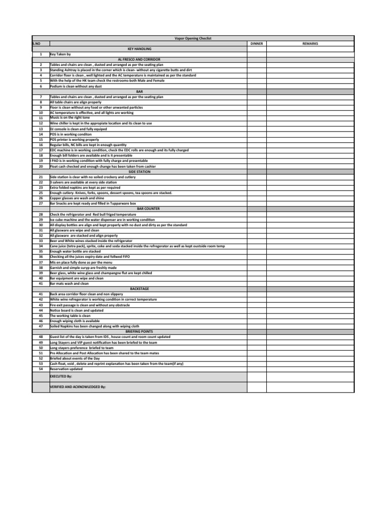 Bar Closing Checklist | PDF | Tableware | Home