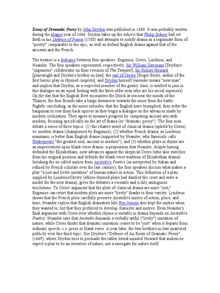 Essay of Dramatic Poesy by John Dryden Was Published in 1668 | PDF