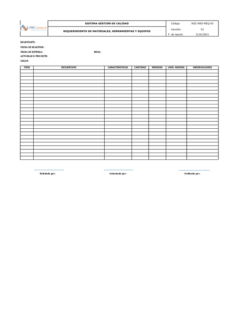 Sgc-Reg-Req-03 Requerimiento de Materiales Herramientas y Equipos | PDF