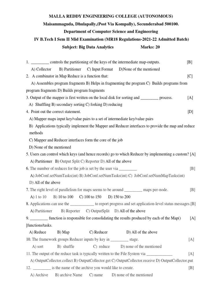BDA IV B.Tech I Sem MR18-Mid-2 Objective Questions | PDF | Apache Hadoop | Map Reduce