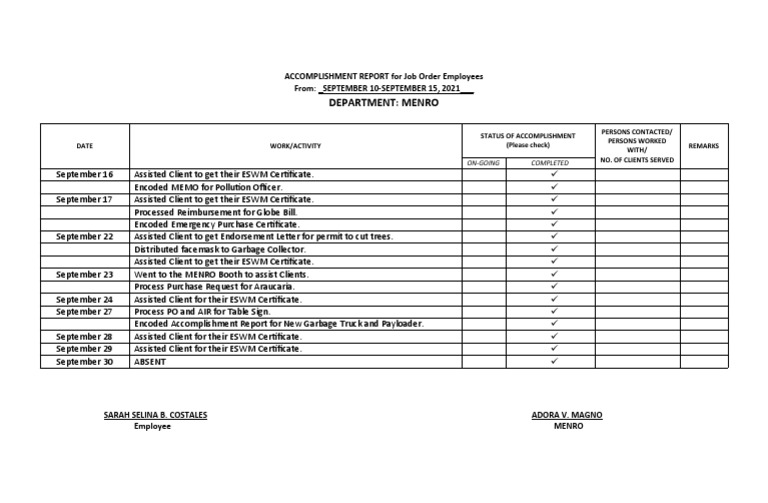 Department: Menro: ACCOMPLISHMENT REPORT For Job Order Employees From ...