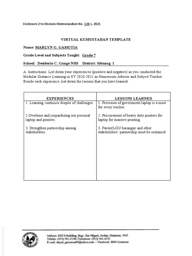 Virtual Kumustahan Template Name: Marlyn G. Gamutia Grade Level and ...