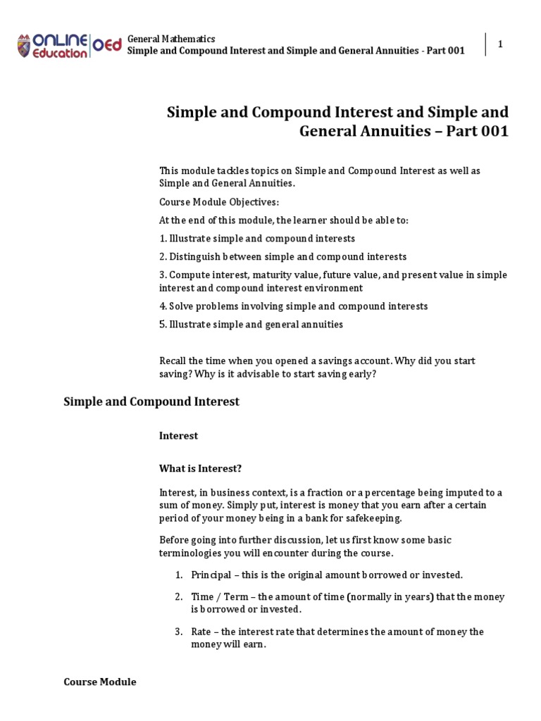 Week 011-Module Key Concepts of Simple and Compound Interests, and Simple and General Annuities ...