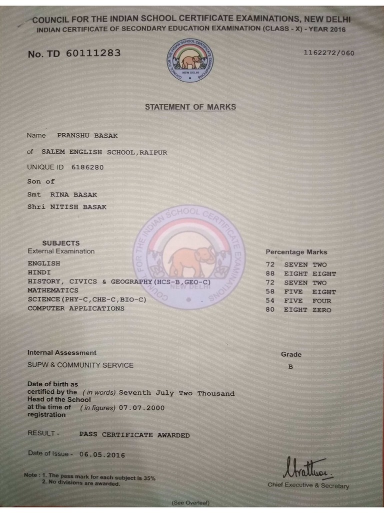 10th Marksheet | PDF