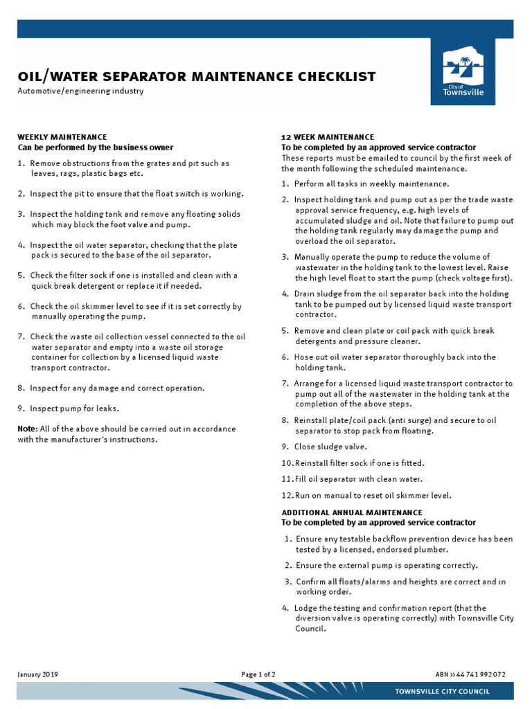 Oil/water Separator Maintenance Checklist: Weekly Maintenance 12 Week ...