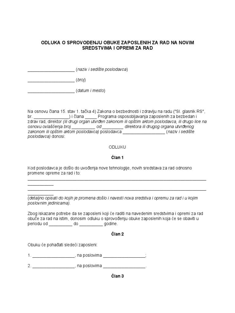 Odluka o Sprovođenju Obuke Zaposlenih Za Rad Na Novim Sredstvima I Opremi Za Rad | PDF