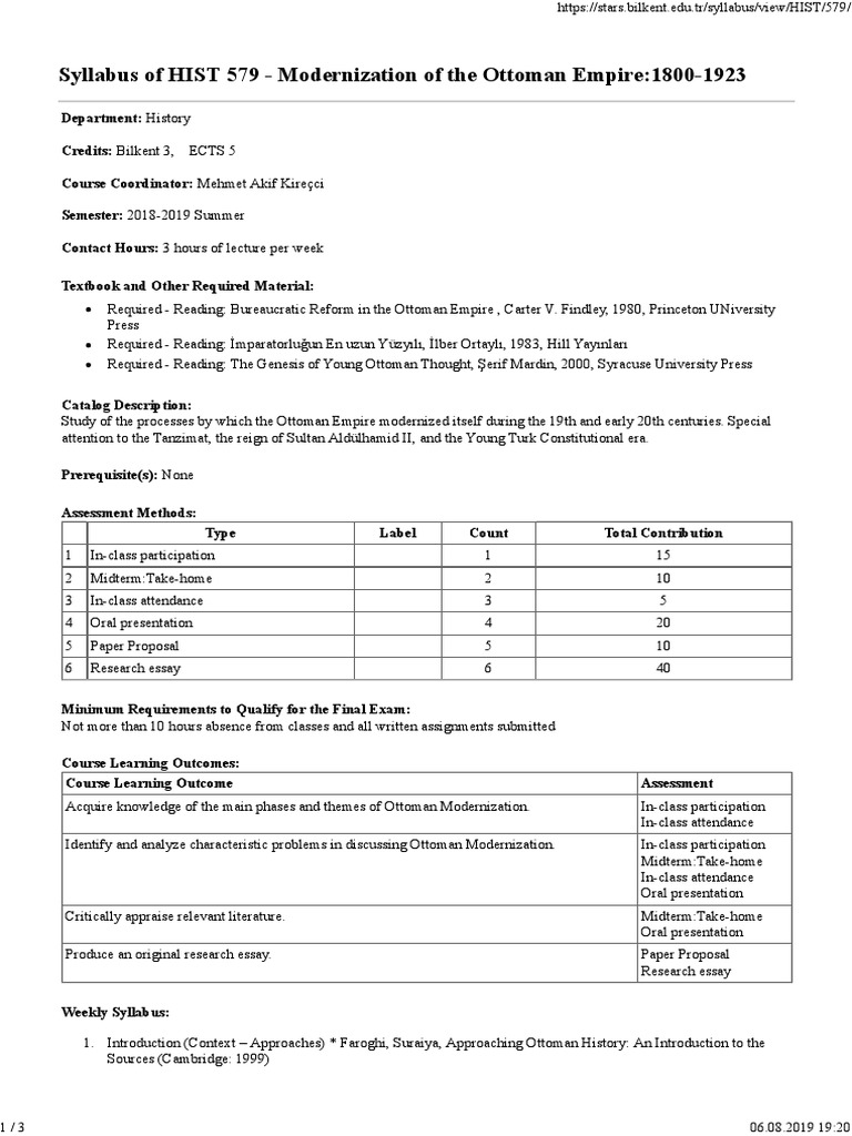 Syllabus of HIST 579 Modernization of The Ottoman Empire 1800-1923 ...