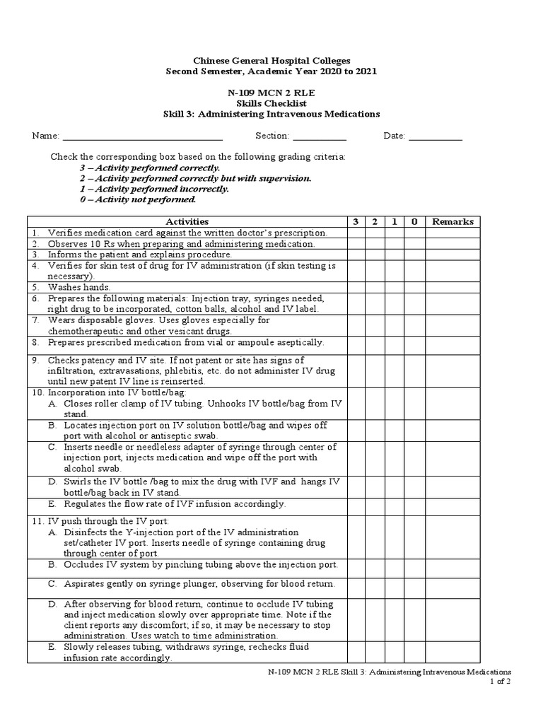 IV Medication Administration Checklist | PDF | Intravenous Therapy ...