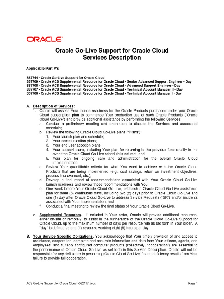 Oracle Go-Live Support For Oracle Cloud Services Description | PDF ...