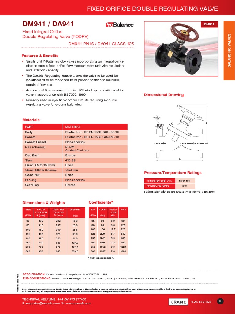 Dm941 Da941 Fodrv Balancingvalves Cranefs Ds 160418 | PDF | Valve | Plumbing