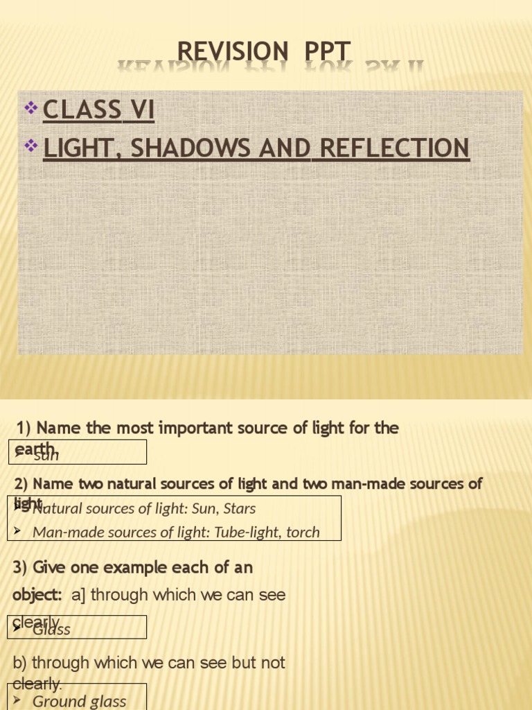 Revision PPT Class Vi Light, Shadows and Reflection | PDF | Shadow ...
