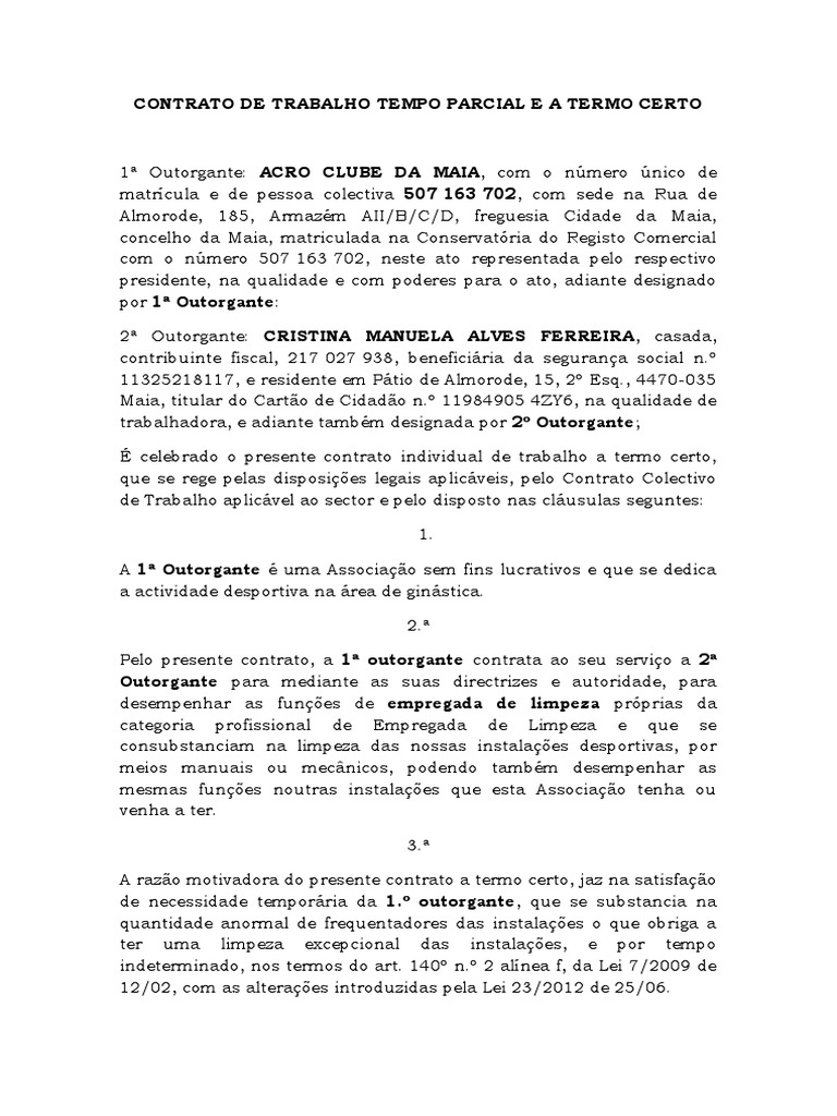 Contrato de Trabalho Tempo Parcial e A Termo Certo | PDF | Férias trabalhistas | Lei e economia
