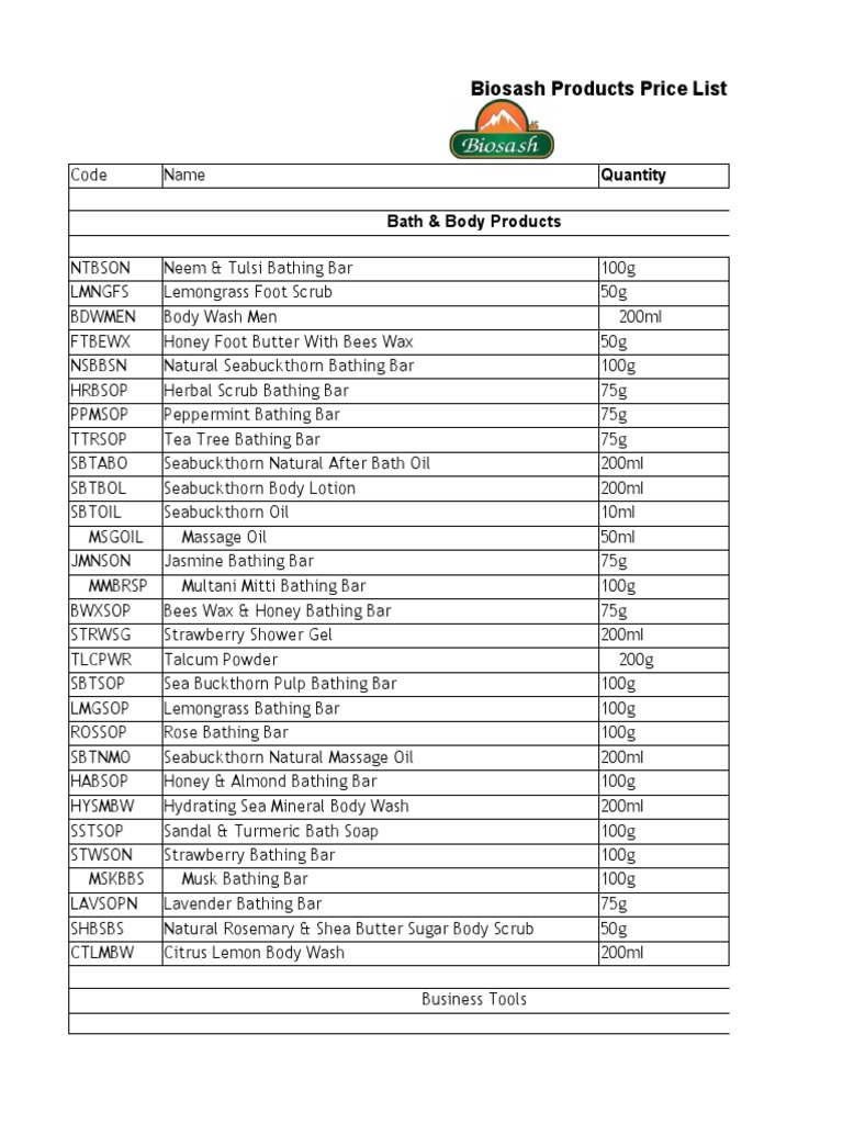 Biosash Products Price List Overview | PDF