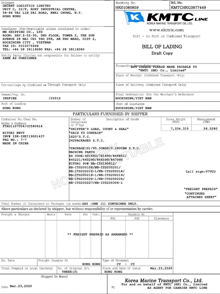 Bill of Lading: Draft | PDF | Trade | Supply Chain Management