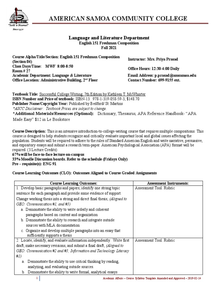 ENG 151-4 Fall 2021 Syllabus | PDF | Essays | Plagiarism