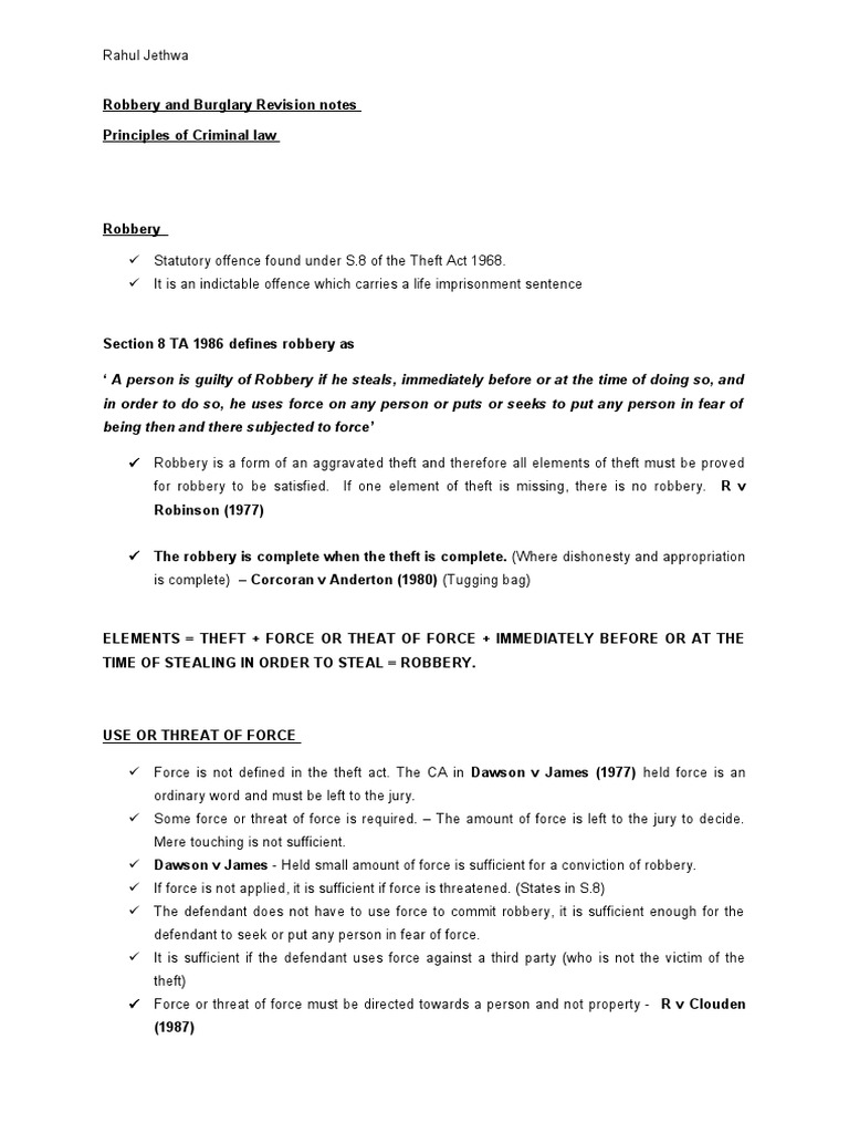 Robbery and Burglary Revision Notes | PDF | Robbery | English Law