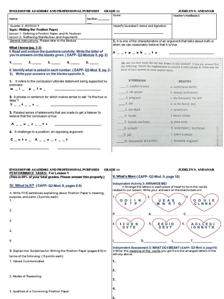 Grade 11 EAPP Position Paper Guide | PDF | Argument | Communication